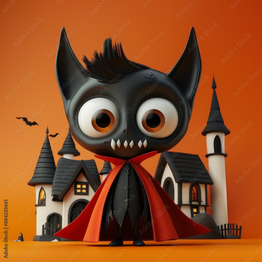 Cute cartoon vampire with big, friendly eyes and sharp fangs, wearing a ...