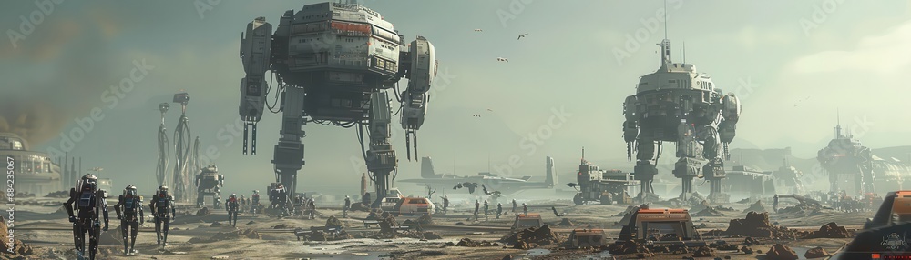 Armies of robots in a post-apocalyptic world, towering over remnants of ...