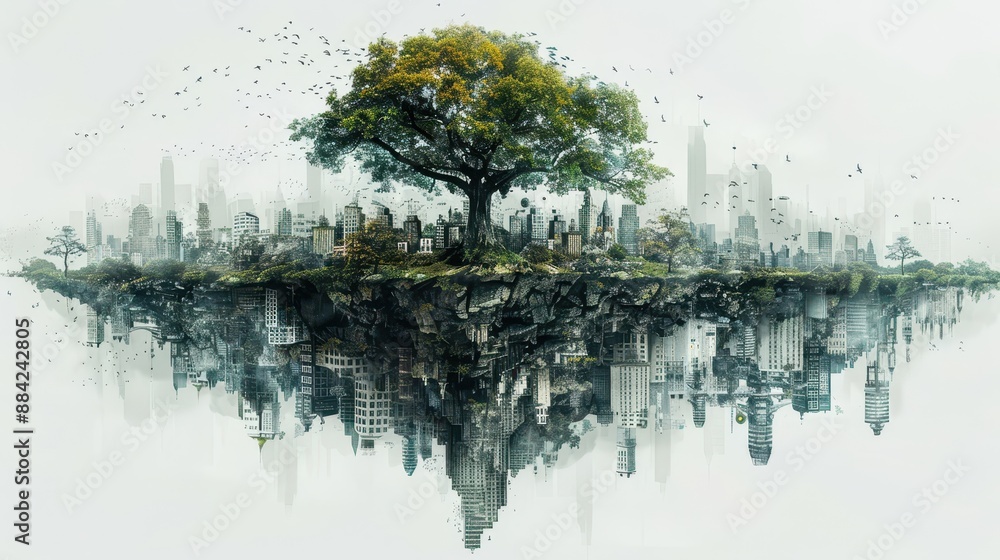 A hidden city built within the branches of a giant tree, its ...