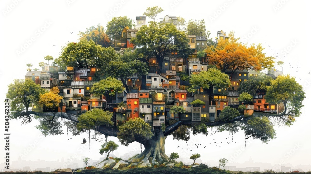 A hidden city built within the branches of a giant tree, its ...
