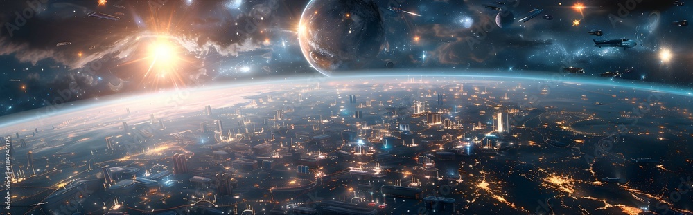 Futuristic solar planet with a complex network of spaceports and ...