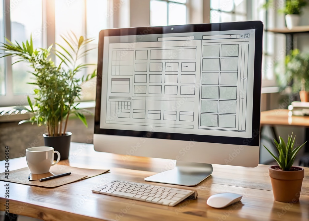 A blank computer screen displays a wireframe sketch of a website design ...