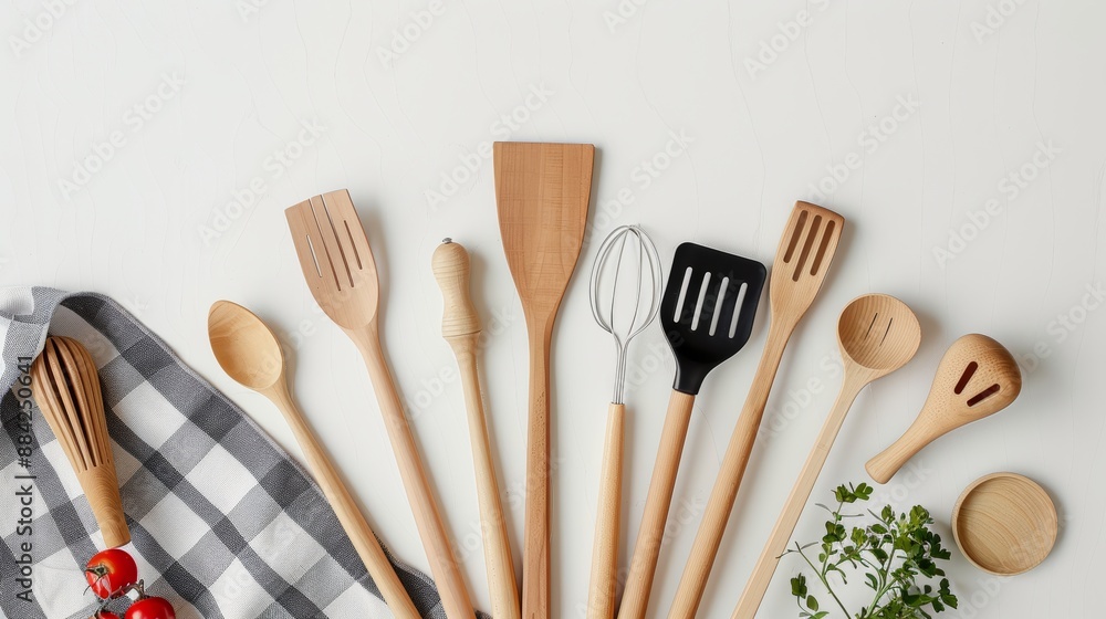 Variety of wooden kitchen utensils forming half circle on white ...