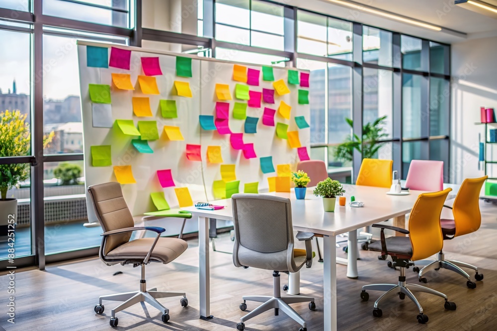 Vibrant colored sticky notes and markers scattered on a whiteboard ...