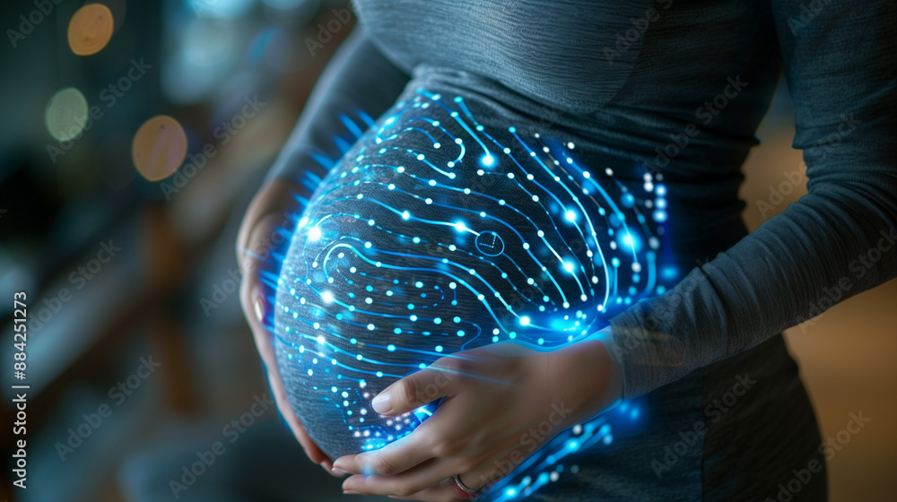 Pregnant woman cradling heavily pregnant belly. AI in pregnancy ...