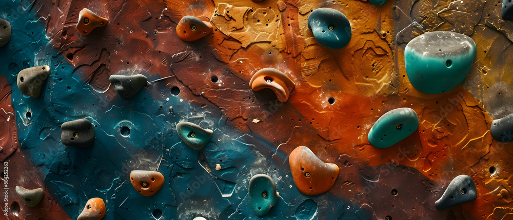Colorful indoor climbing wall holds with diverse textures and shapes ...