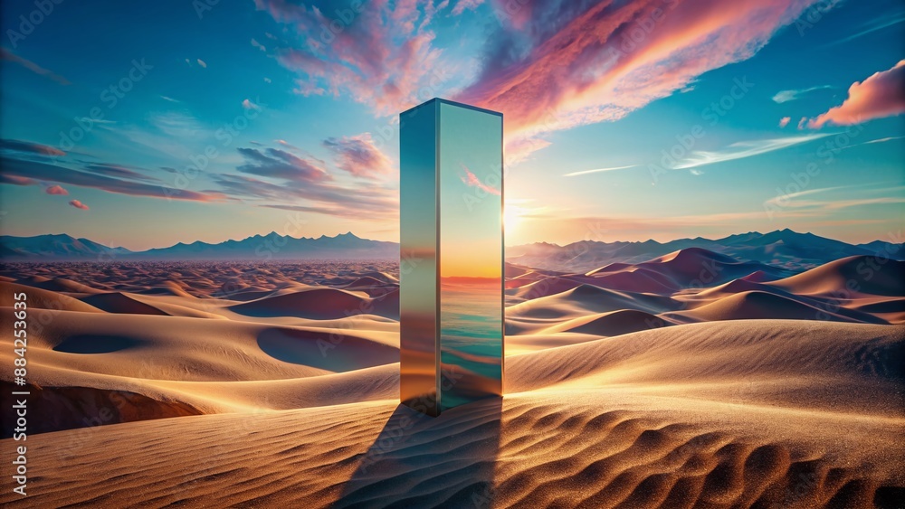 mirror monolith standing in the desert, rectangle shape mirror desert ...