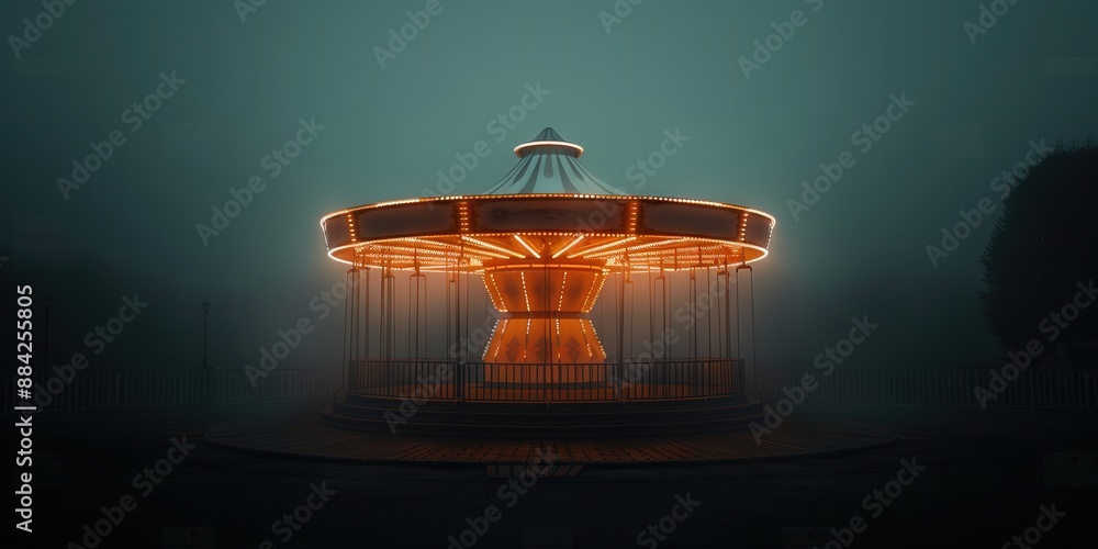 Empty carousel ride in foggy amusement park at night, haunting and ...
