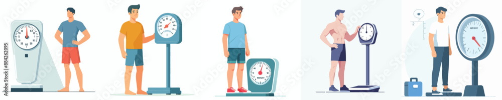 set of vector illustrations of fat men and women weighing themselves in ...