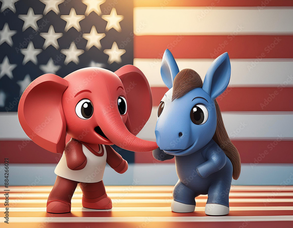 Cute cartoon blue donkey and red elephant represent the Democratic and ...