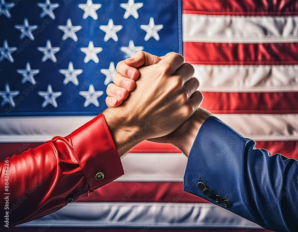 Blue hand and red hand arm wrestling represent the Democratic and ...
