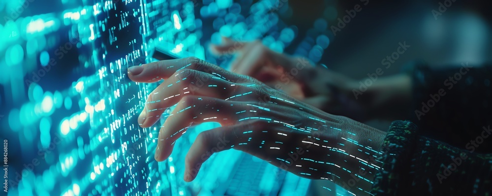 Lines of code on a glowing screen, cyber attack unfolding, hackers ...