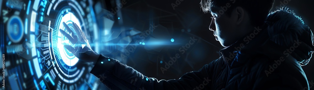 Technician configuring antivirus, digital armor interface active, black ...