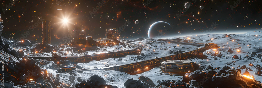 Futuristic solar planet with a complex system of space elevators ...