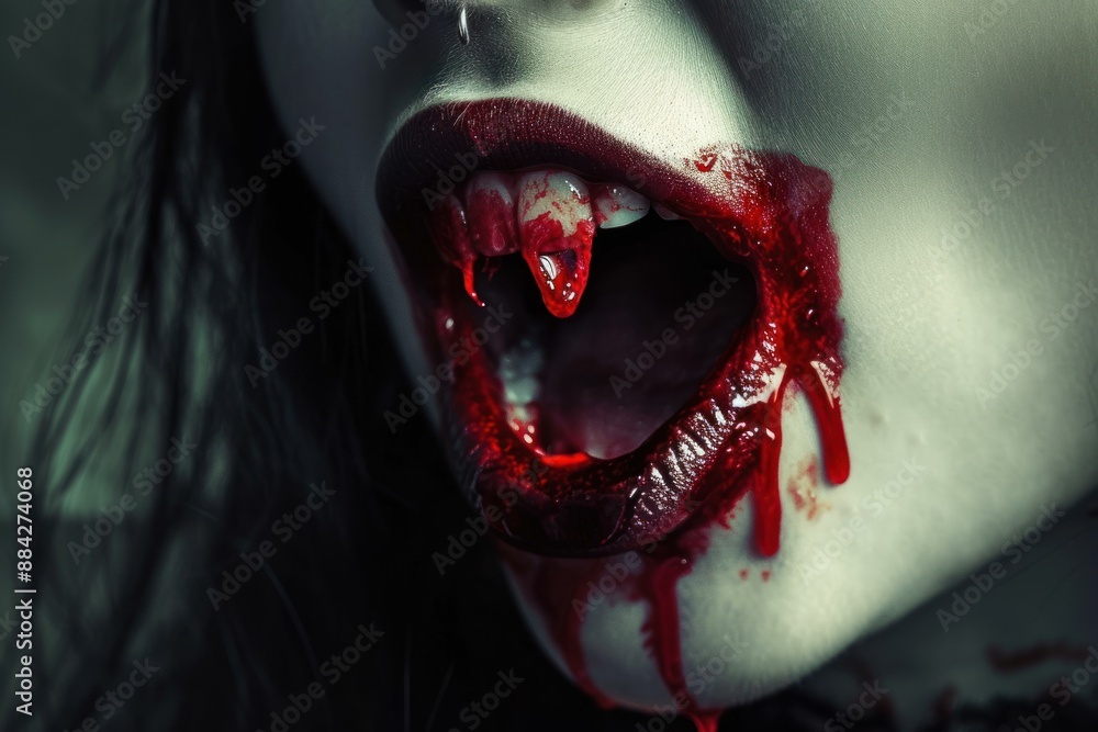 Close-up shot of a horrifying vampire with blood-dripping mouth and ...