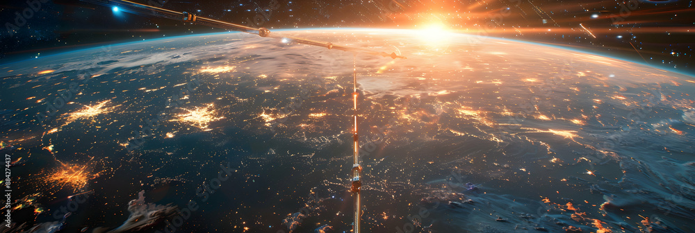 Futuristic solar planet with a complex system of space elevators ...