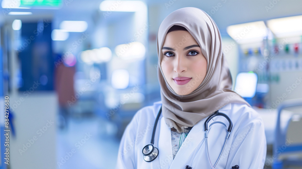 Beautiful young middle eastern doctor with hijab facing the camera in a ...
