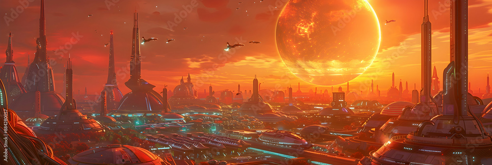 Futuristic solar planet with a complex network of spaceports and ...