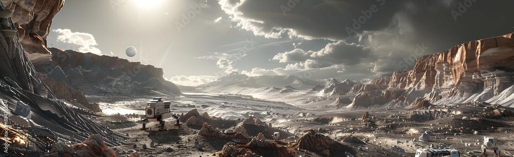 Futuristic solar planet with advanced robotic explorers traversing its ...