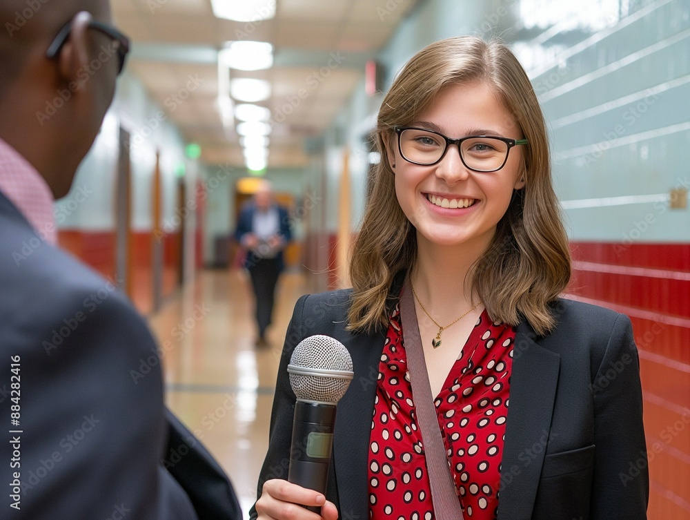 Smiling female teacher giving an interview in a school hallway, holding ...
