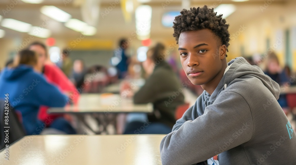 Lonely African American teen boy in school cafeteria, bullying theme ...