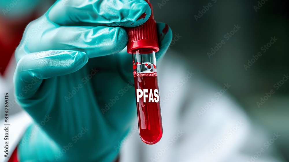 Close up of PFAS warning sign on blood tube health risks and pollution ...
