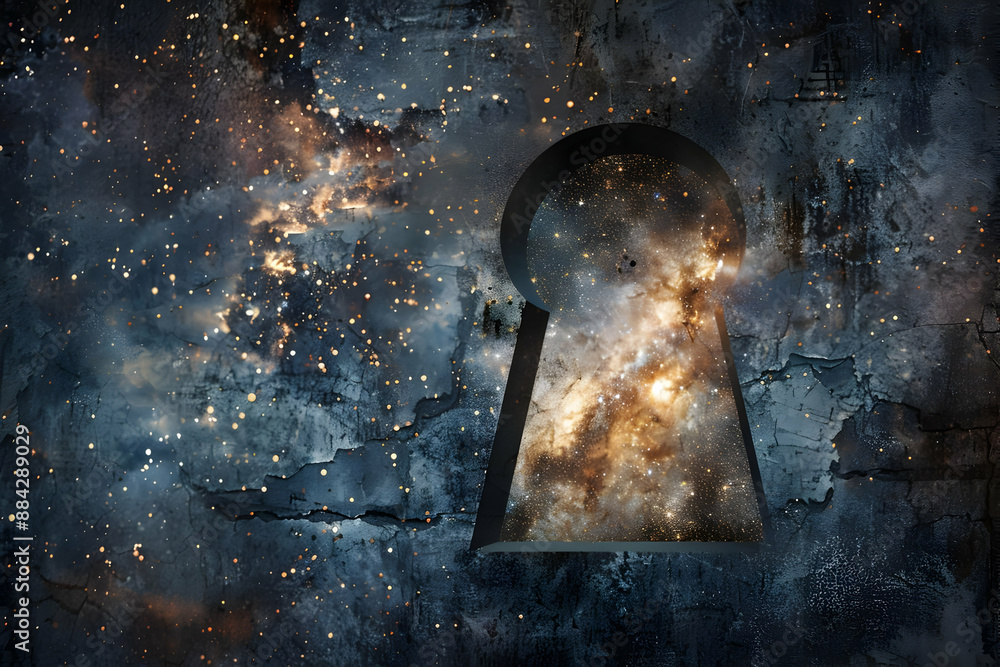 Mystical view of the galaxy through a keyhole. Cosmic space concept ...