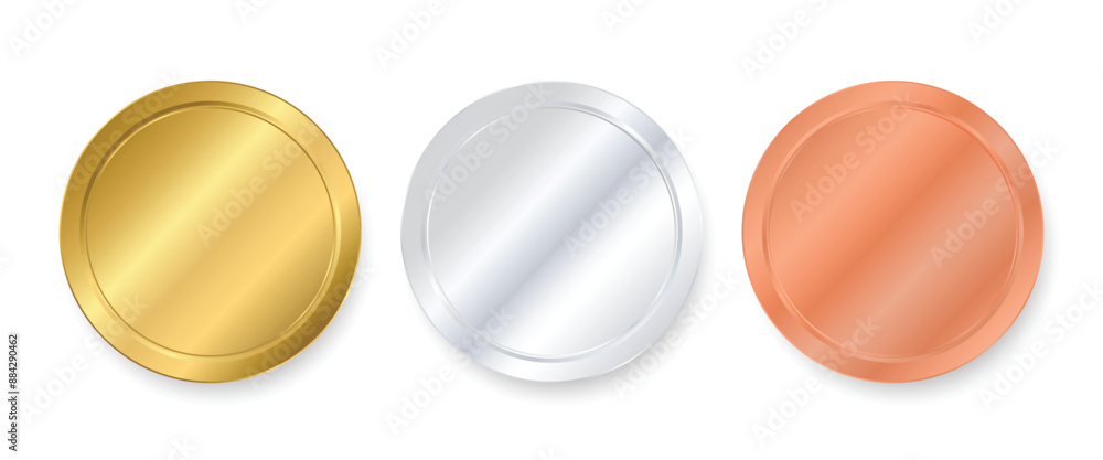 Gold, silver and bronze medals realistic shiny metallic set, for Winner ...