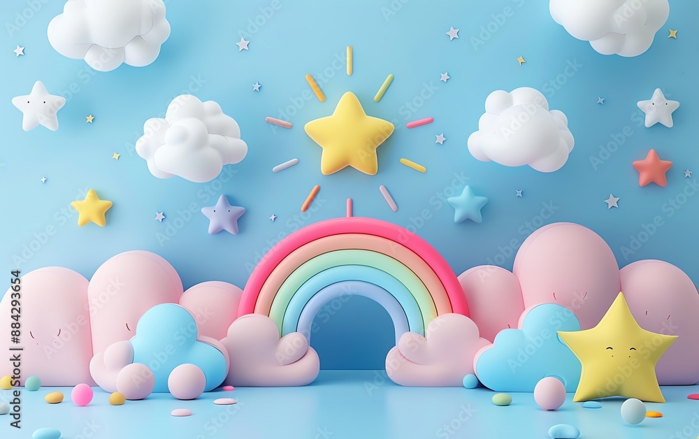 3D cloud background for baby product podium, cute kid display, blue ...