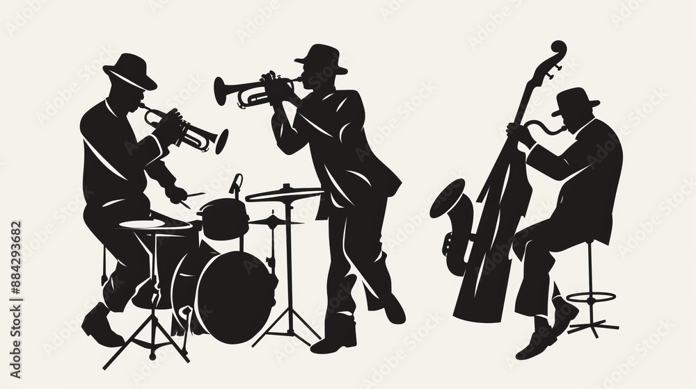 A trio of jazz musicians is shown in silhouette, with each member ...