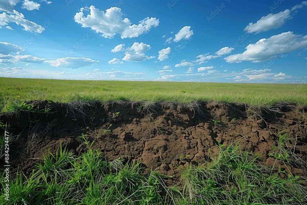 Water and wind soil erosion of field with green grass under blue sky ...