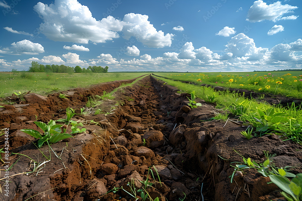 Water and wind soil erosion of field with green grass under blue sky ...