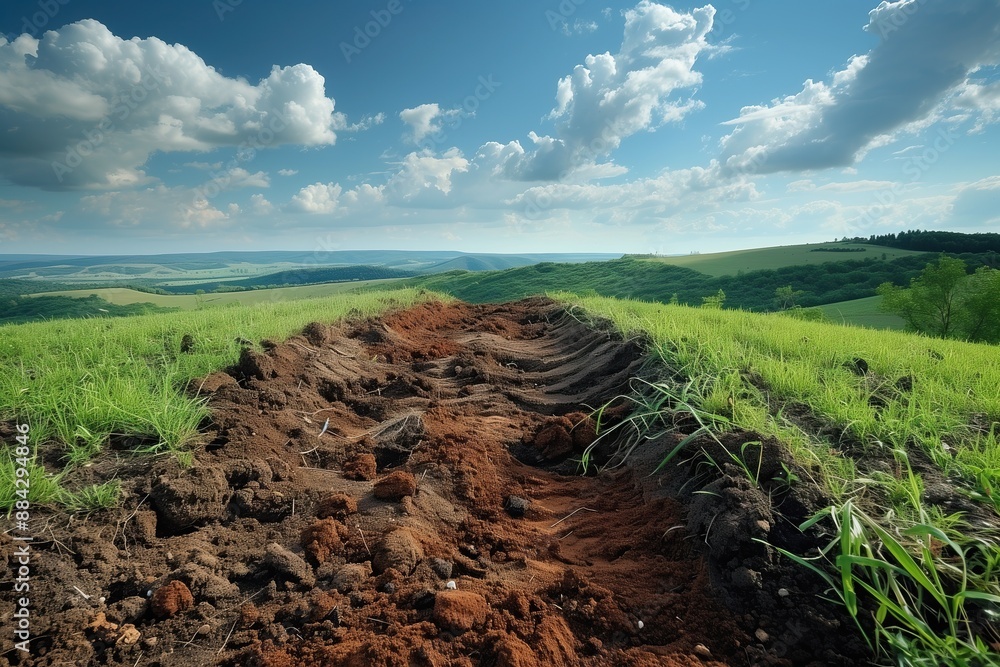 Water and wind soil erosion of field with green grass under blue sky ...