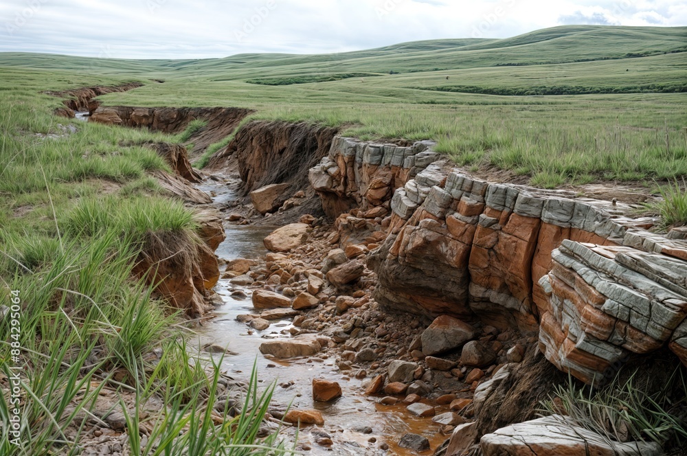 Stone ravine with water flowing on ground. Water and wind soil erosion ...