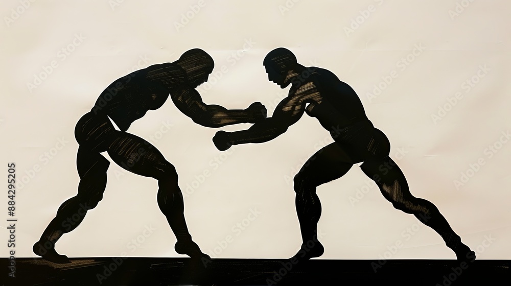 This artwork depicts two boxing silhouettes locked in an intense combat ...