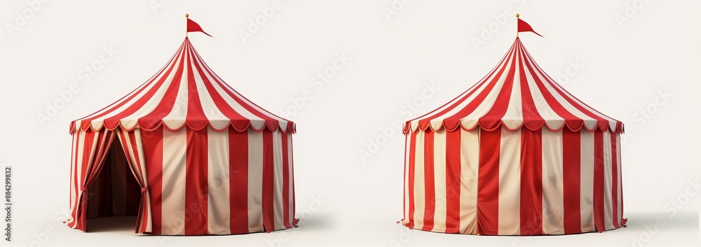 Circus tent, front view and side view, white background, red color ...