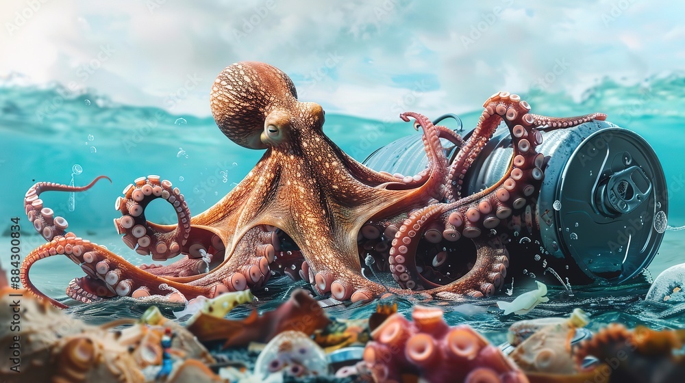 Attractive octopus and metal can trash in ocean, pollution danger Stock ...