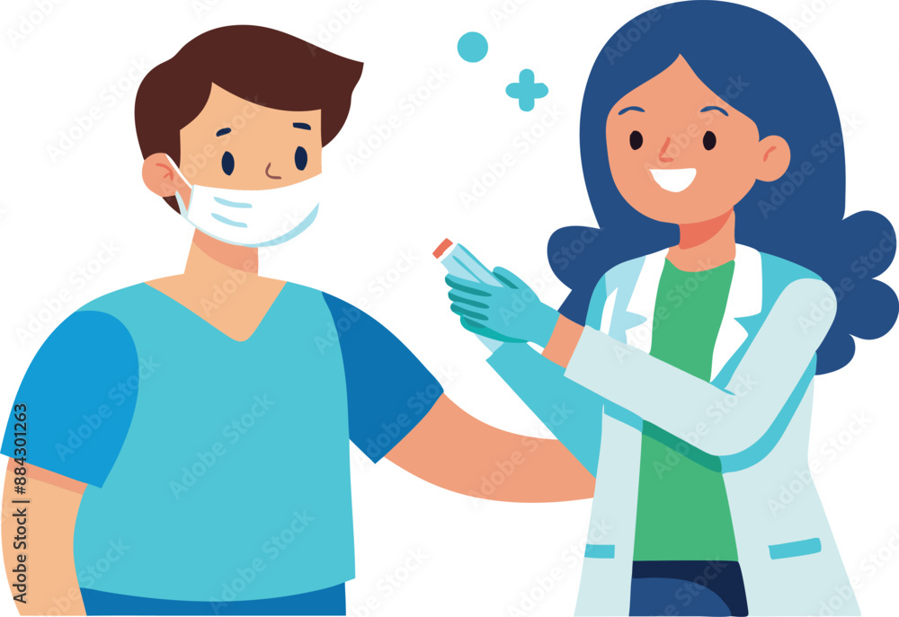 Cartoon illustration of a doctor administering a vaccine to a masked ...