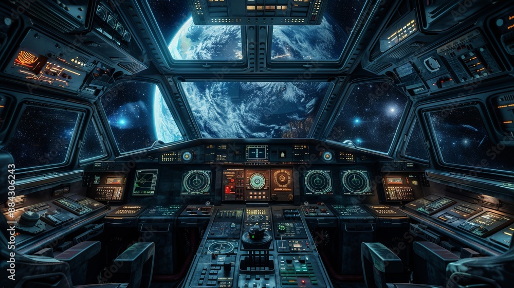 A detailed view of a spaceship cockpit with various controls and ...