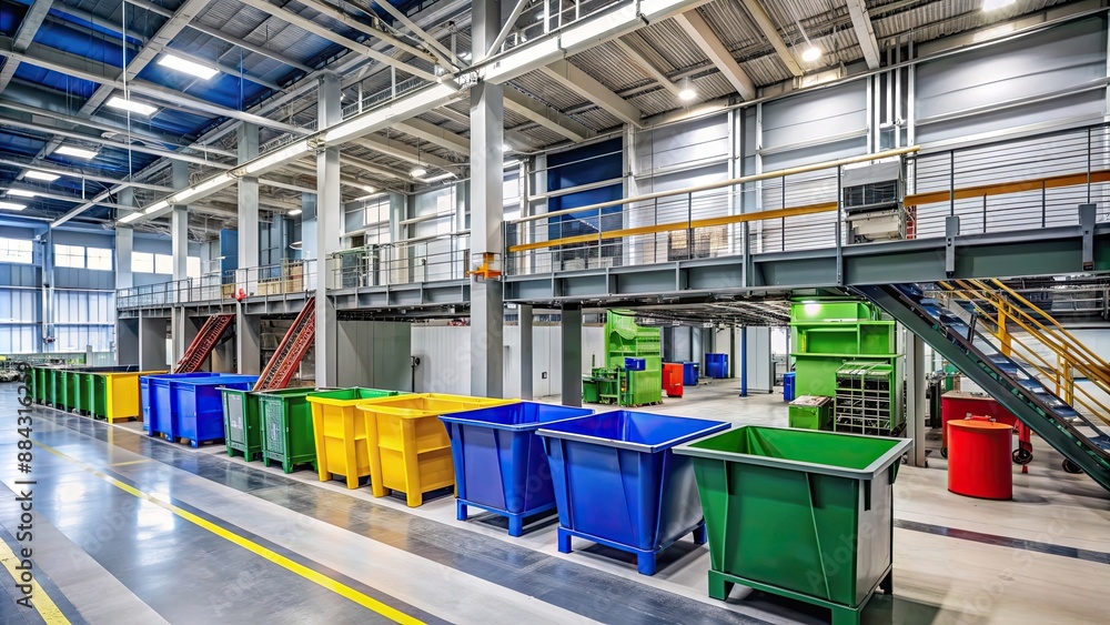 A modern recycling facility with sorting equipment and large bins ...