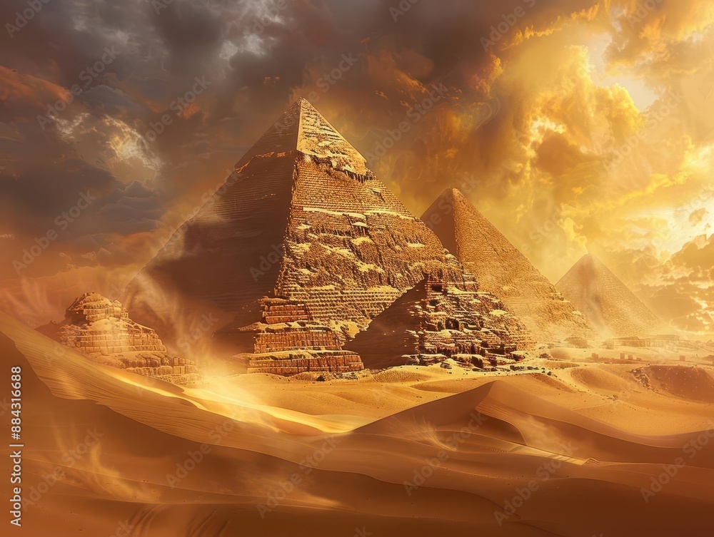 ancient egyptian pyramids rising from golden desert sands under ...