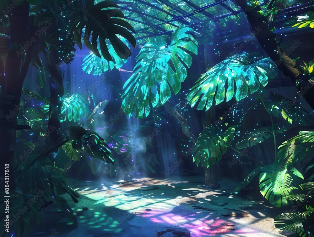 bioluminescent tropical leaves creating natural neon patterns merging ...