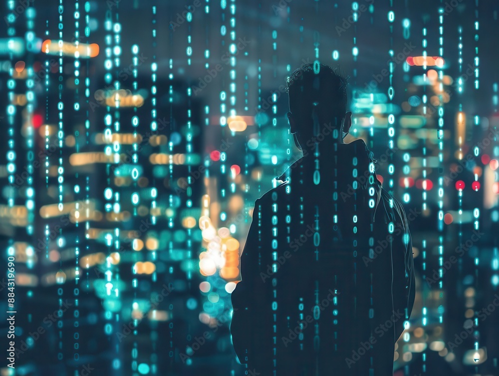 cybersecurity concept futuristic cityscape composed of glowing binary ...