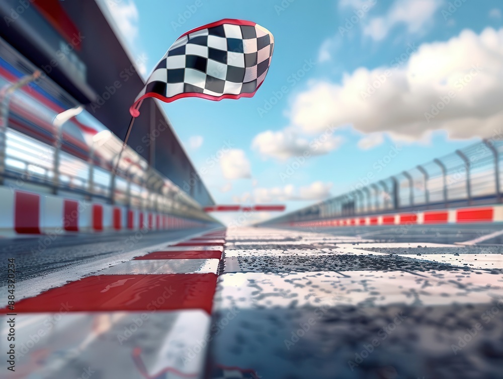 dramatic racetrack scene focusing on finish line with checkered flag ...