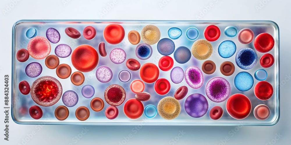 microscope slide showcasing various types of blood cells, each with its ...