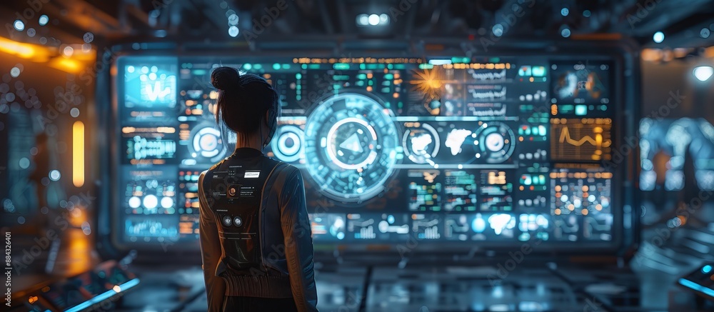 Individual engaged with a high-tech futuristic interface, observing ...