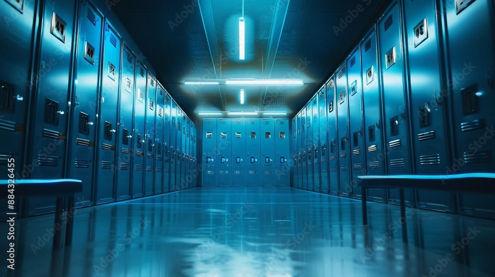 The image shows a contemporary locker room with sleek blue neon lights ...