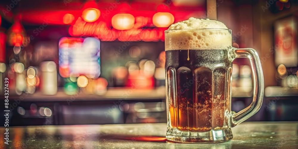Stein of root beer with foamy bubbles and vintage straw on soda ...
