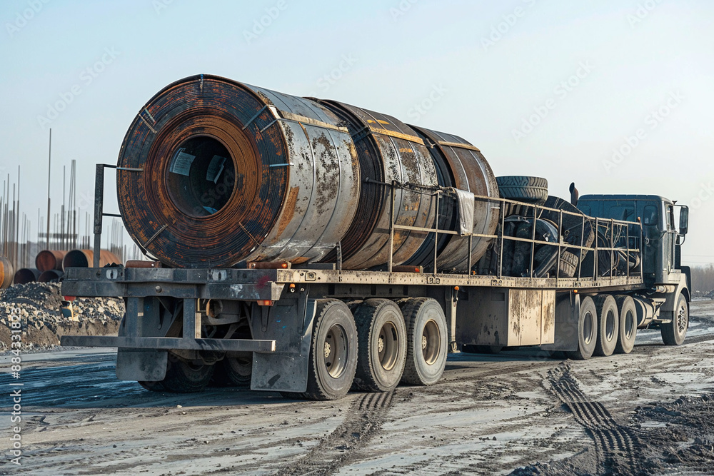 Transportation of large-sized cargo for construction. Long trailer with ...