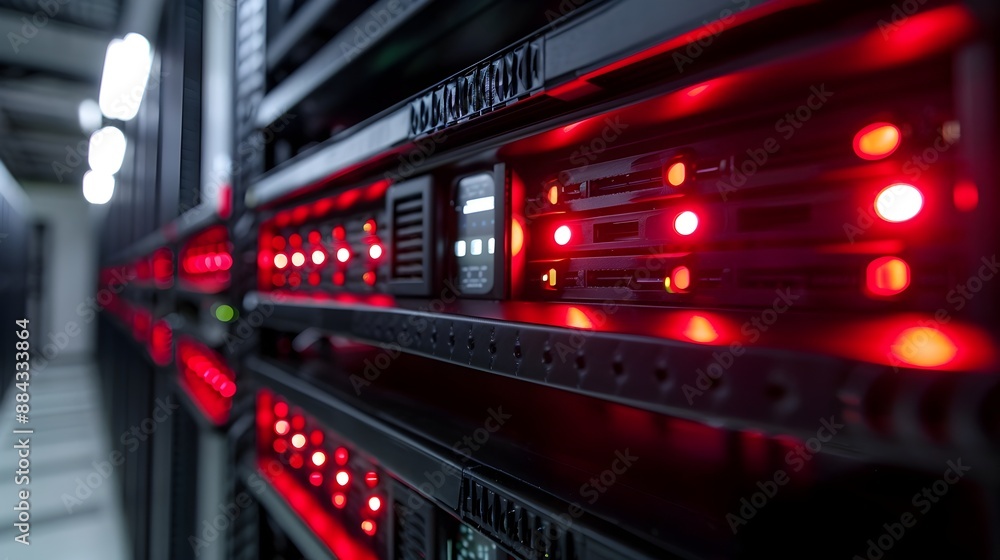 Overhead view of a data center server rack featuring blinking red ...